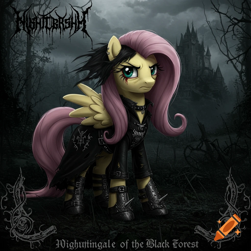 Fluttershy MLP black-metal album cover on Craiyon