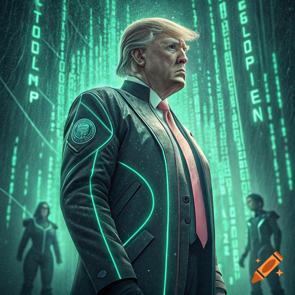 Donald Trump in a sci-fi suit stands in a green digital code matrix. on ...