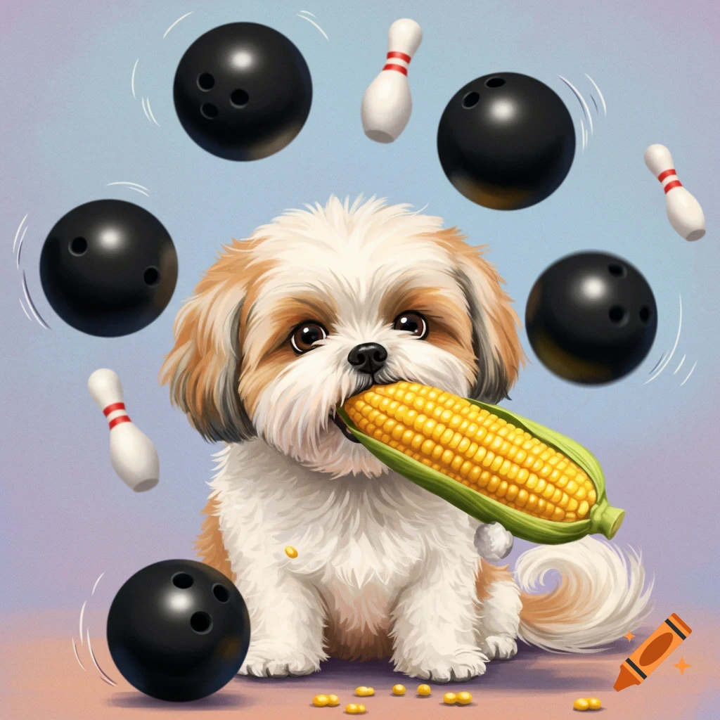 Shih Tzu dog eating corn on the cob while juggling bowling balls on Craiyon