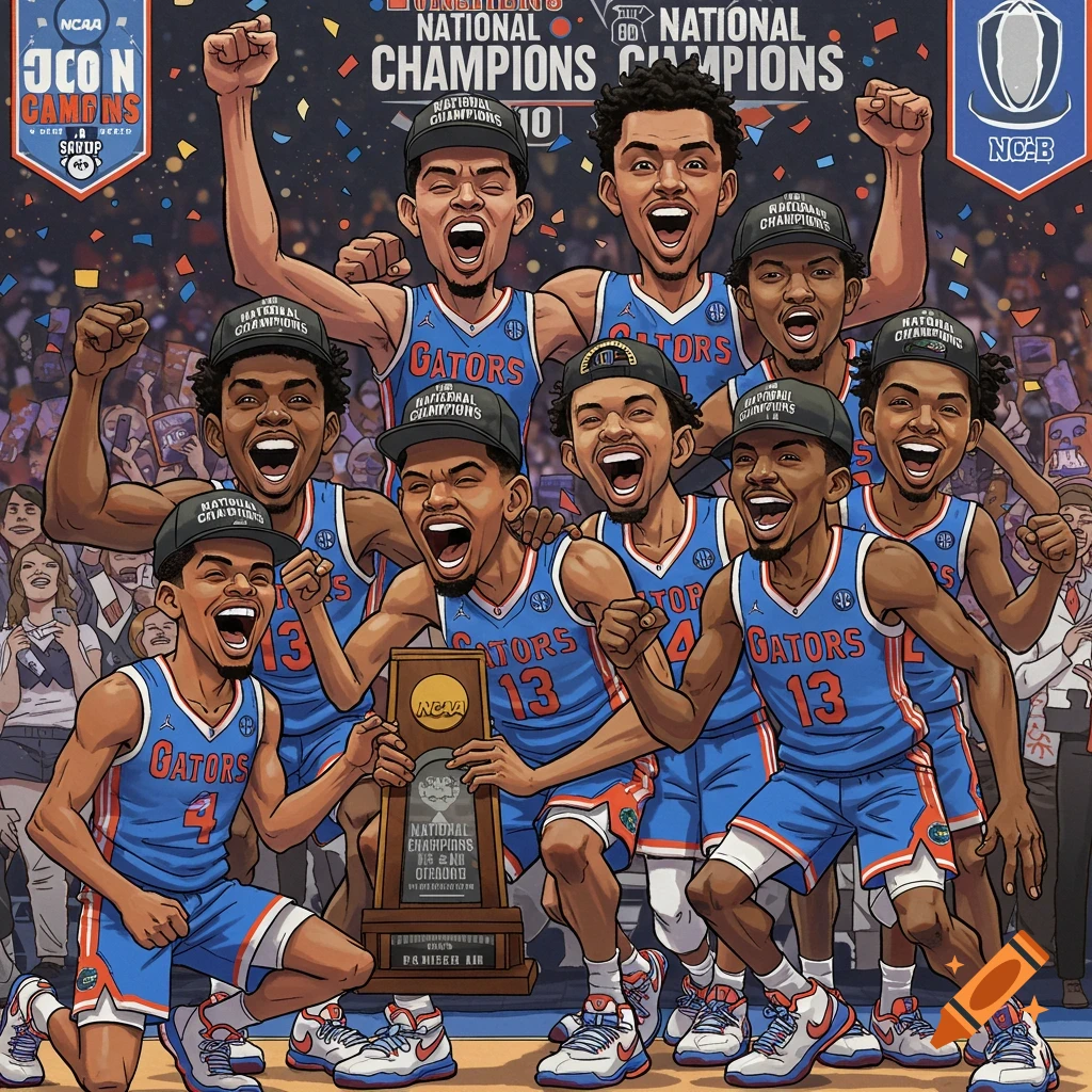 Cartoon of Florida Gators basketball team celebrating NCAA Championship ...