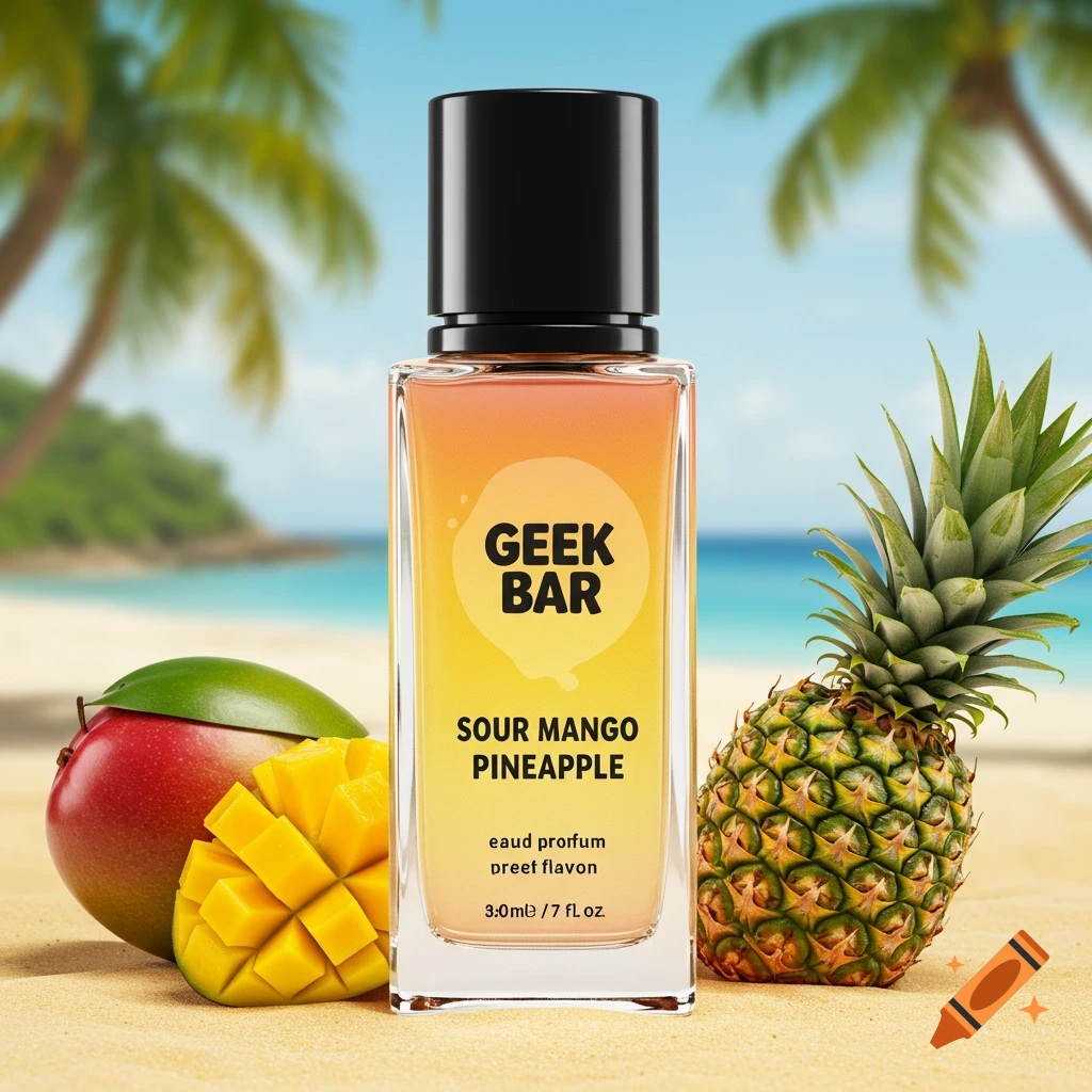 Perfume branded after Geek Bar Sour Mango Pineapple on Craiyon
