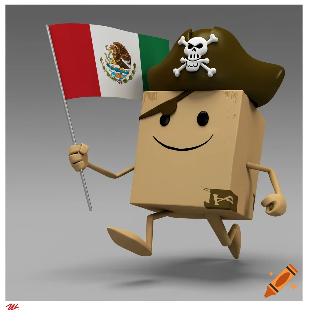Anthropomorphic box running with Mexican flag and pirate hat on Craiyon