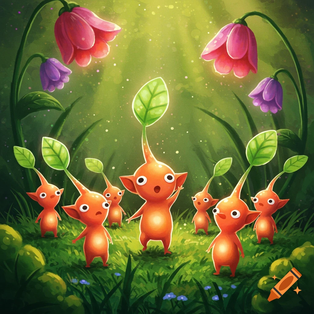 A red Pikmin standing in a field with fireflies. on Craiyon