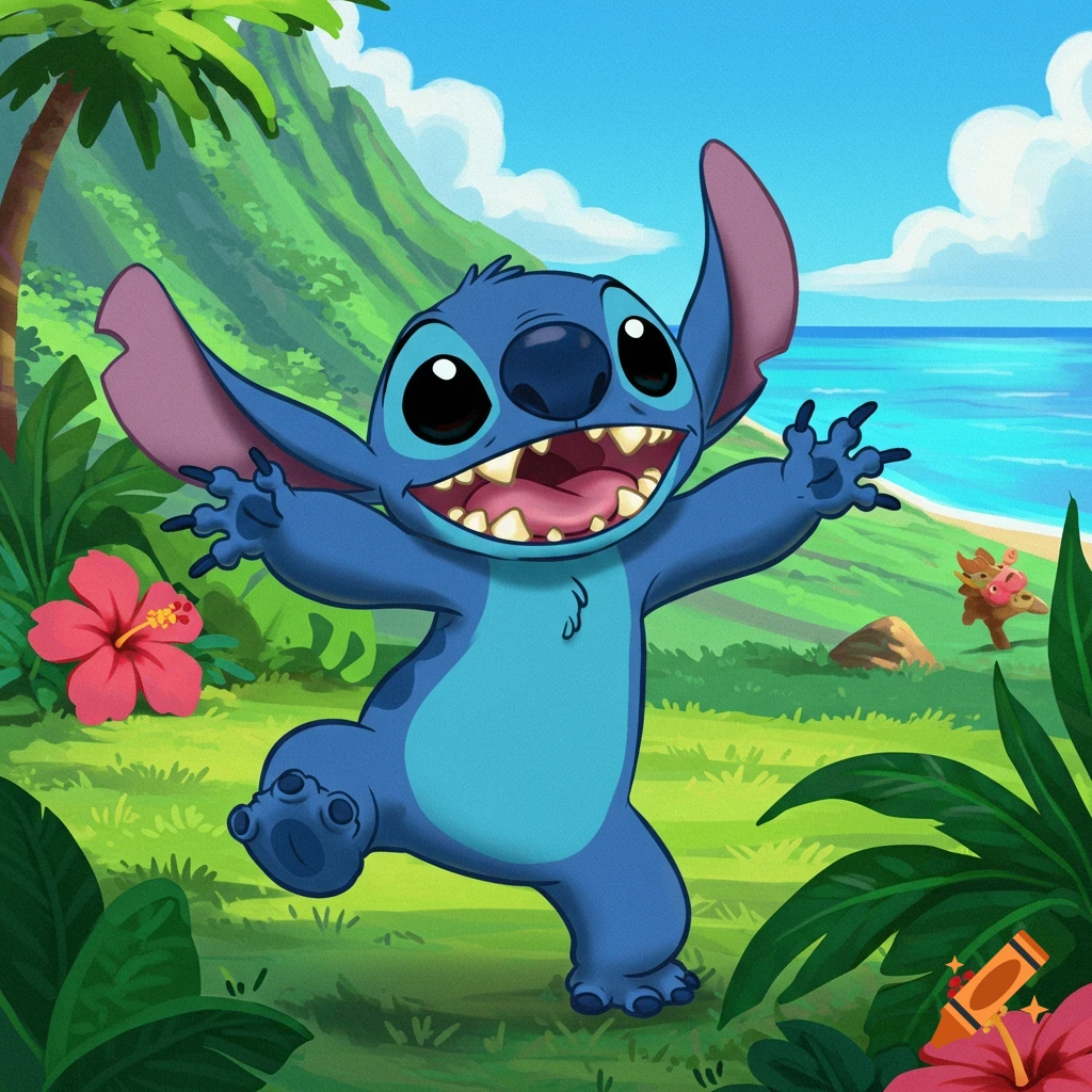 Cartoon character Stitch jumping excitedly in a tropical landscape with ...