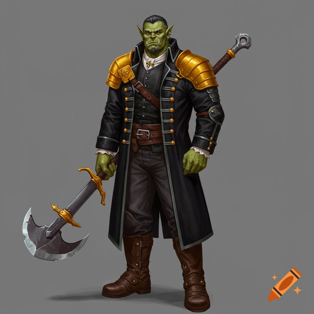 A half-orc character in a black coat with gold shoulder pads, holding a ...