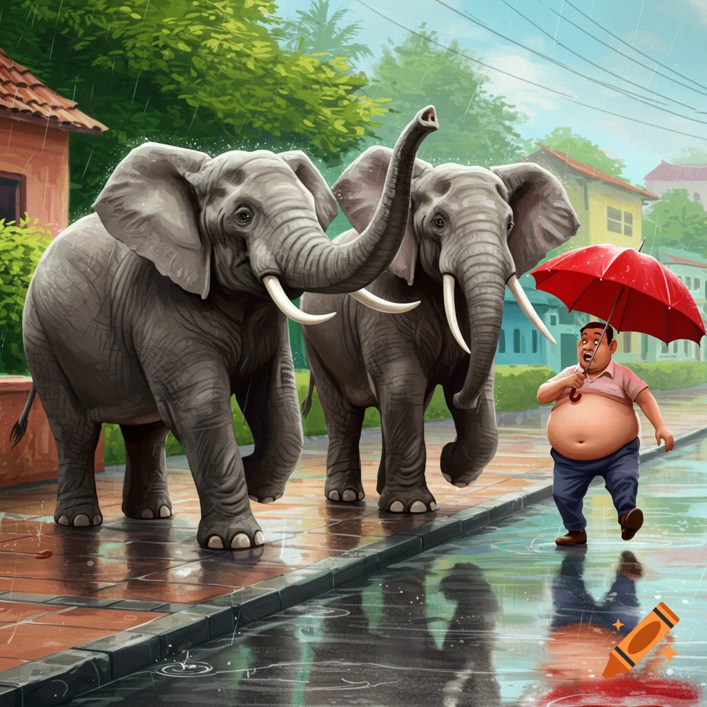 Anthropomorphic elephants in red shirts and pants. One pours liquid ...