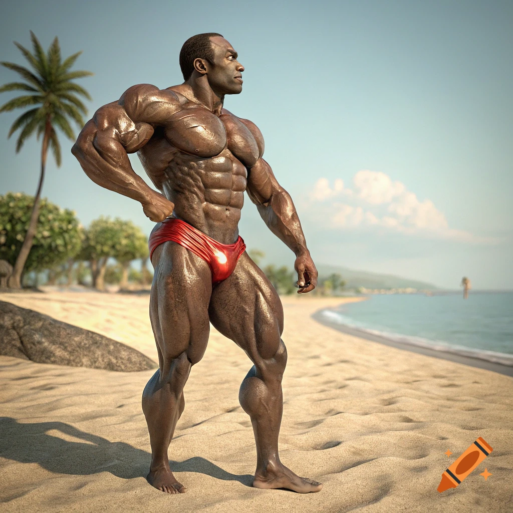 Sergio Oliva, pro bodybuilder, 300lbs muscle at beach in red swimsuit on Craiyon