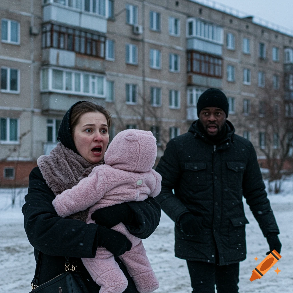 Russian woman and son in front of Soviet apartment buildings. on Craiyon