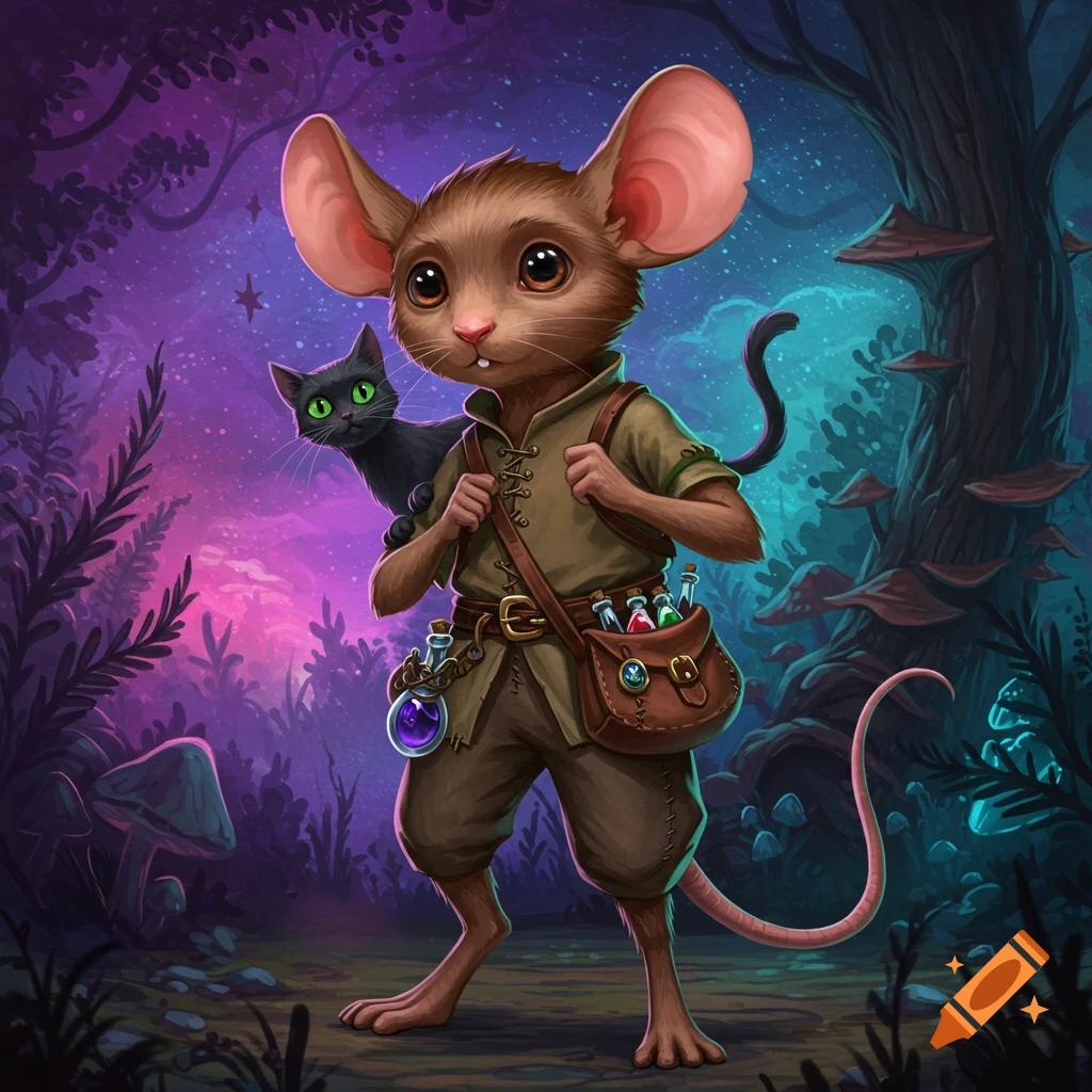 A humanoid mouse carries an alchemy bag with a black cat on its ...