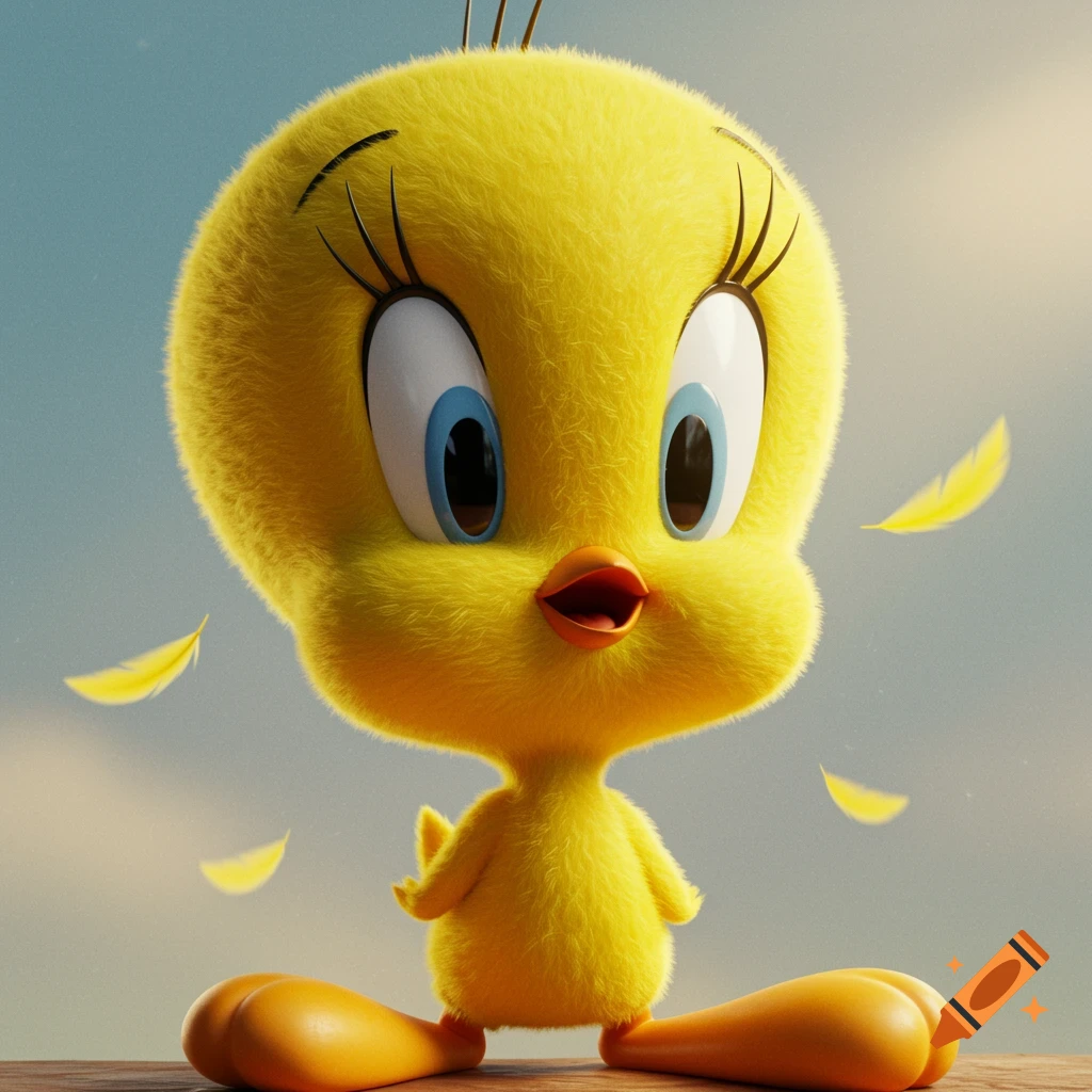 Tweety bird character standing on a large sunflower in a bright digital ...