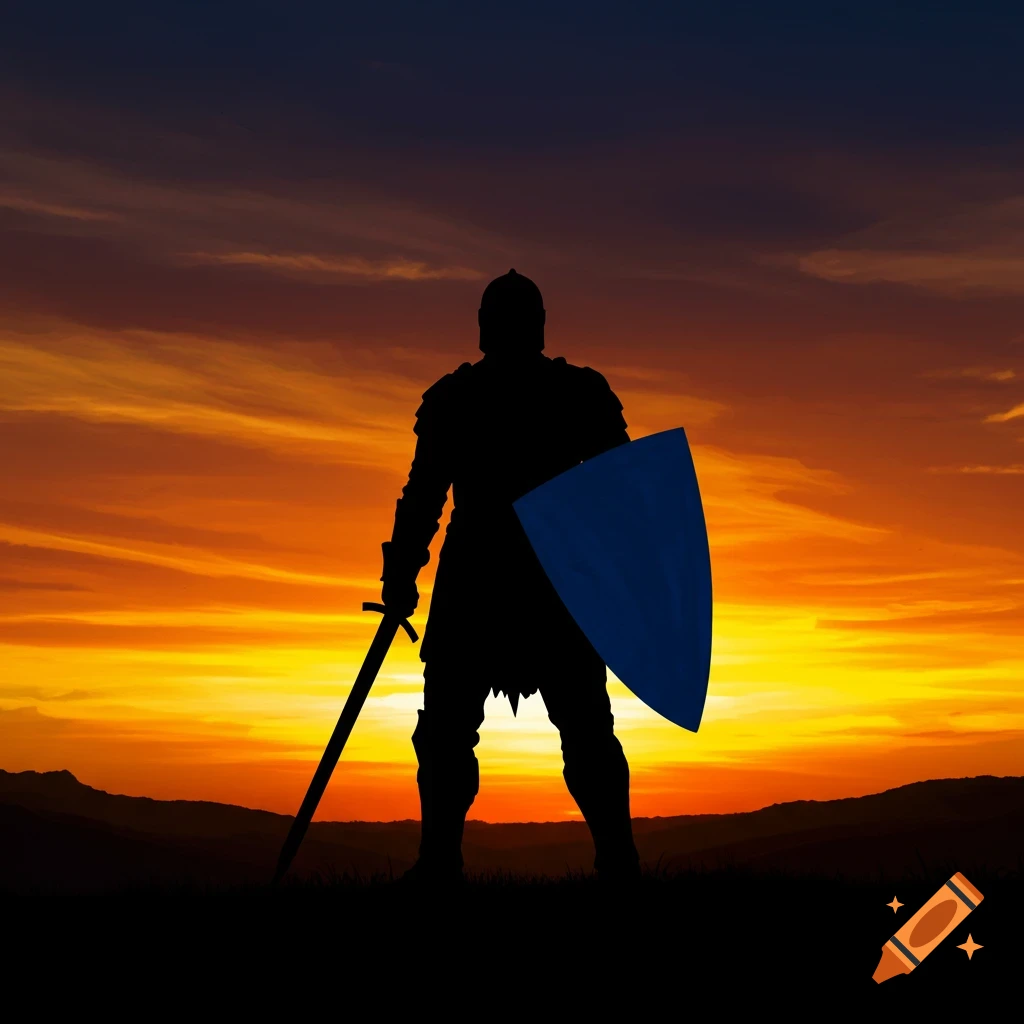 Silhouette of a knight with sword and blue shield against an orange ...