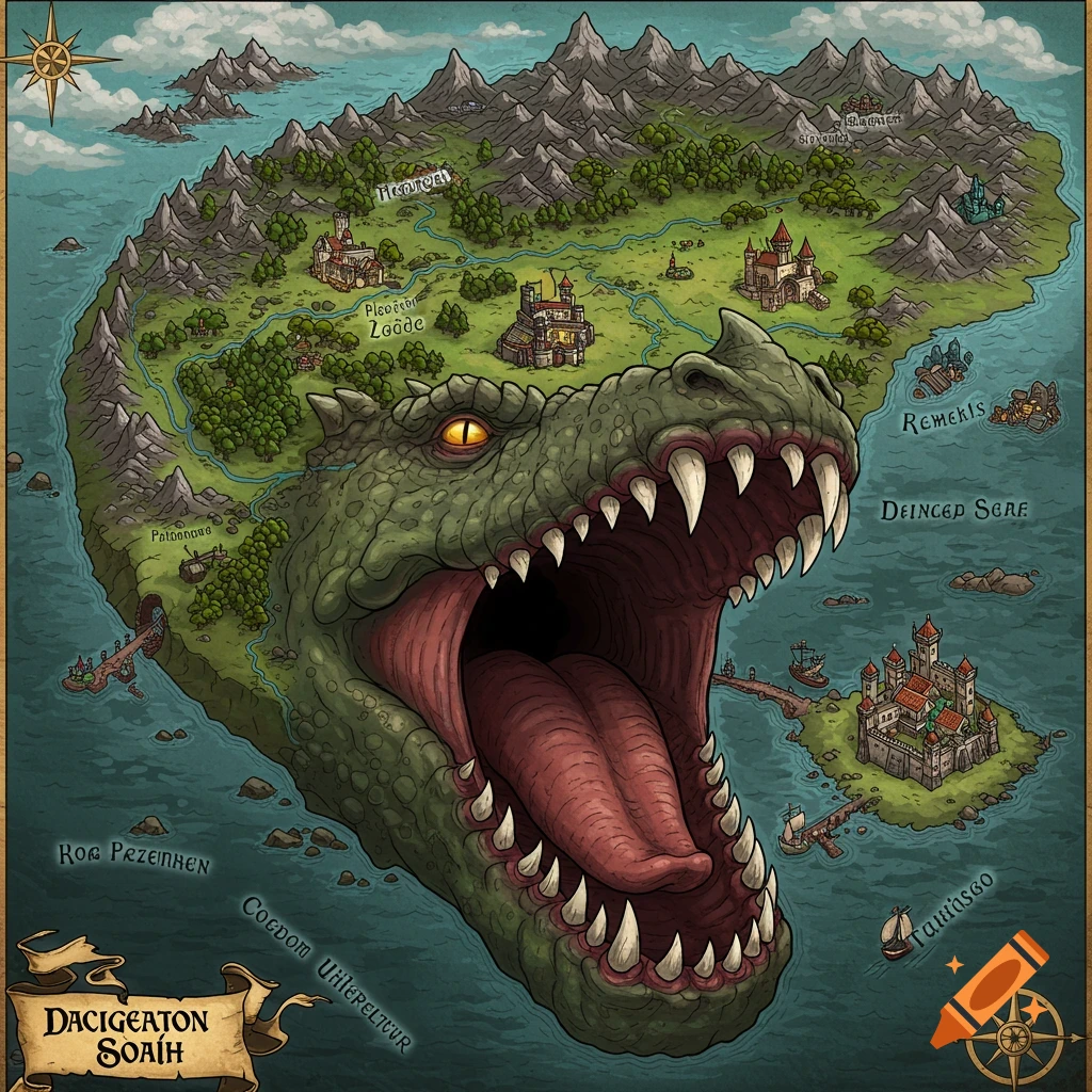 DND map of a peninsula shaped like a dragon's maw on Craiyon