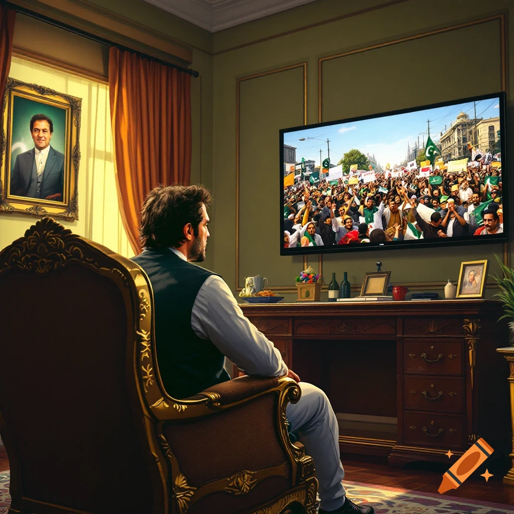 A man sits in an ornate chair watching a political rally on a large ...