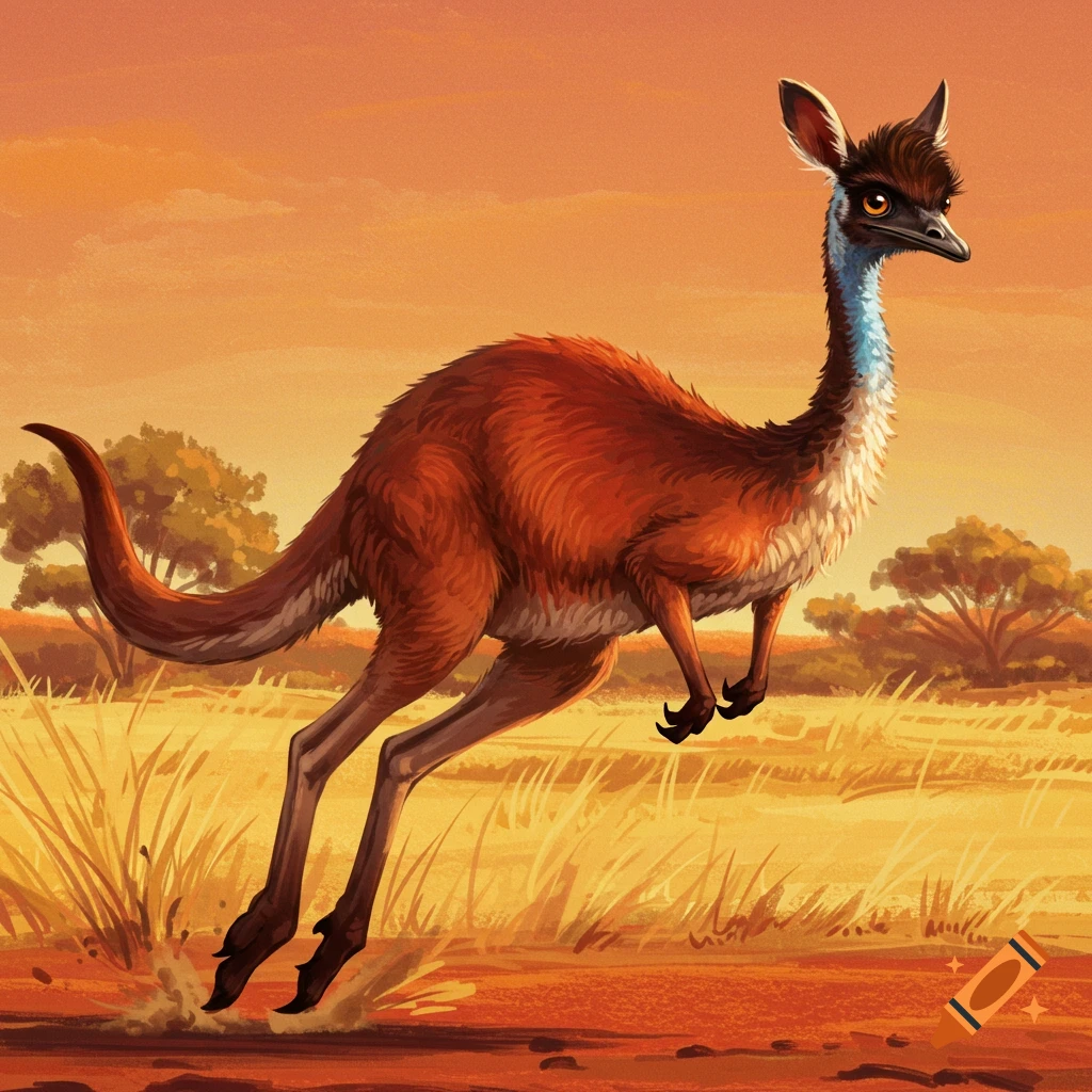 A kangaroo-emu hybrid running in a desert landscape. on Craiyon