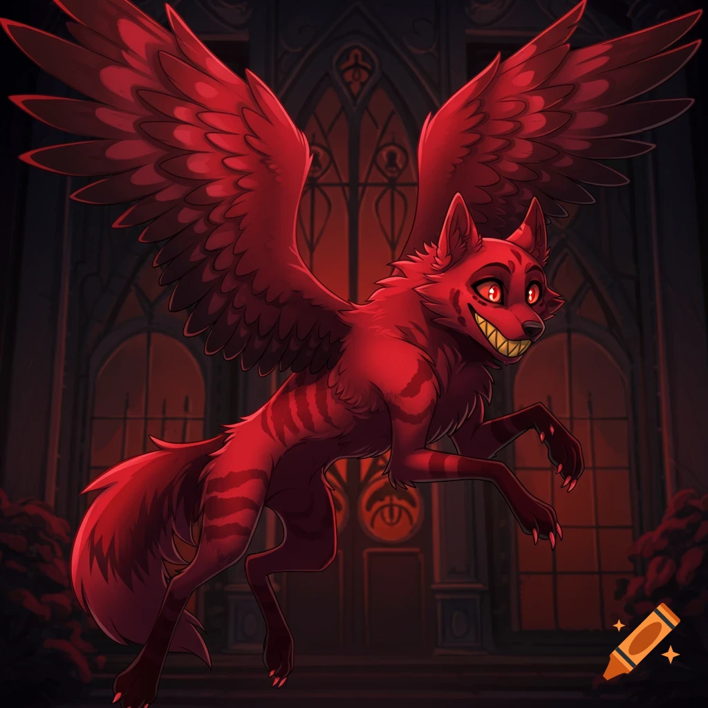 Hazbin Hotel red and black wolf with owl wings on Craiyon