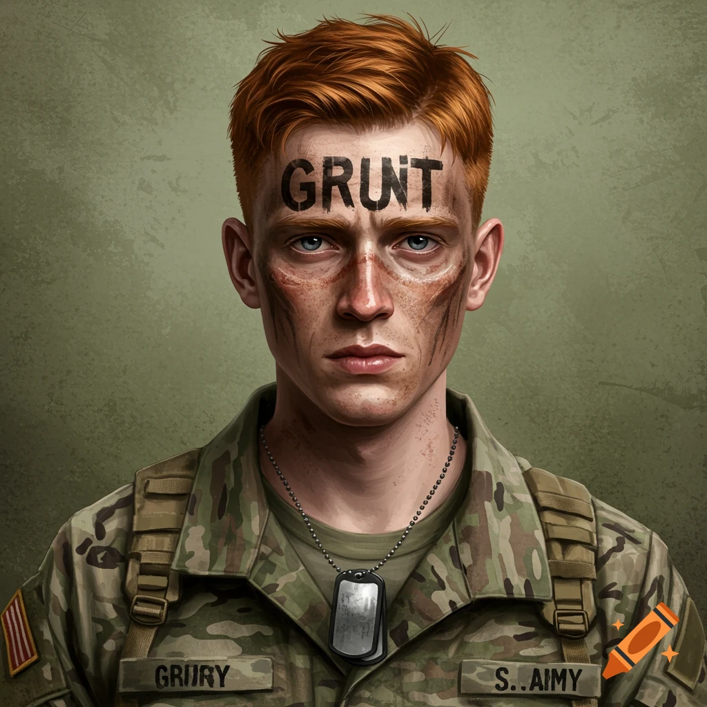 Redhead guy with freckles, army fatigues, and dog tags, with 'grunt' written on his forehead on ...