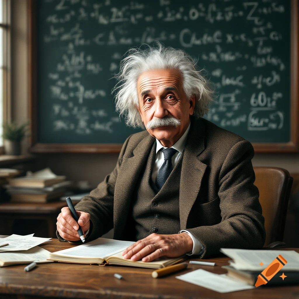 Photorealistic portrait of Albert Einstein, age 60, in brown tweed suit ...