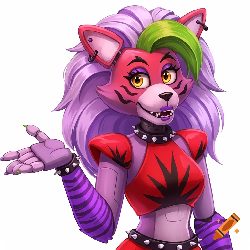 A picture of Roxanne Wolf, a pink animatronic wolf with purple hair and ...