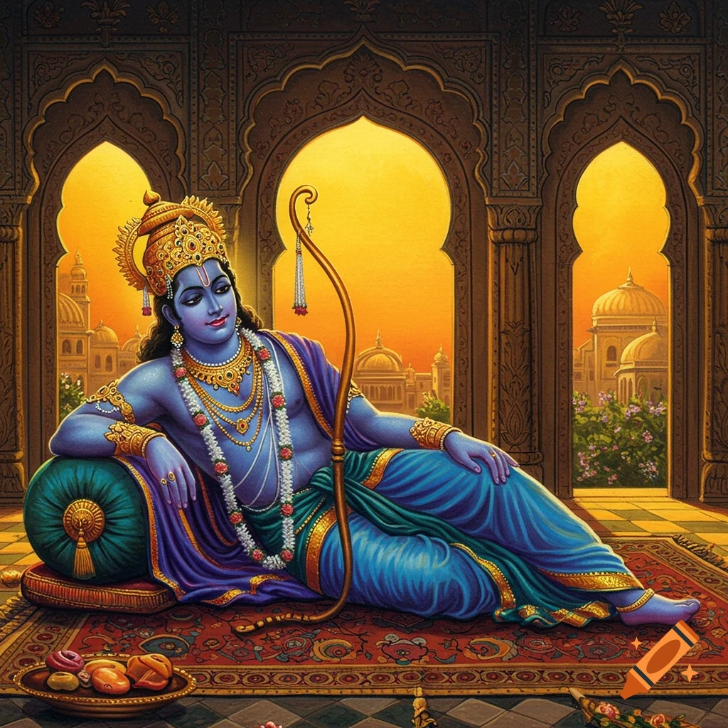 The Hindu god Rama is shown reclining in a palace setting and holding a ...