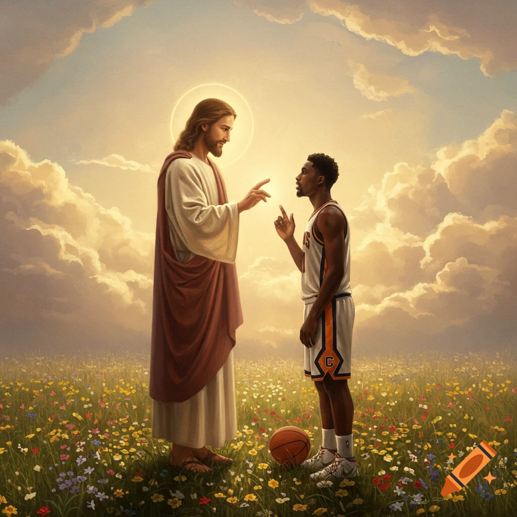 Jesus blessing a basketball player in a field of wildflowers under a ...
