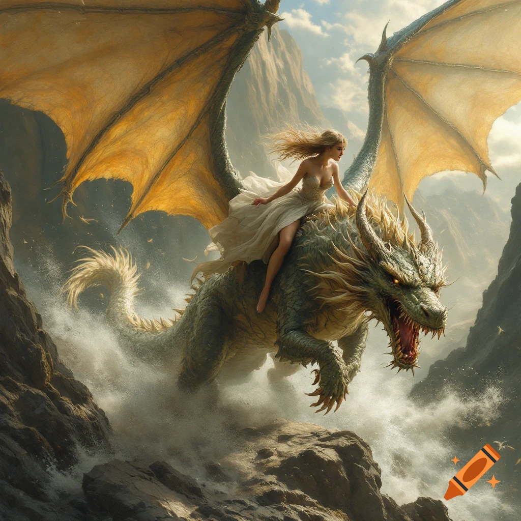 A woman in a green dress stands next to a large gold dragon in a ...