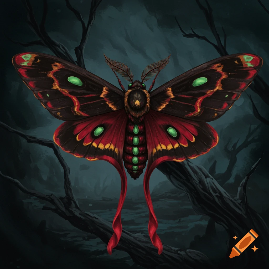 A dark moth-like cryptid with glowing red eyes and large wings against a cloudy sky, above a ...