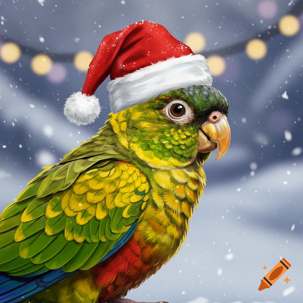 A festive cartoon red parrot wearing a Santa hat sits on a gold ...