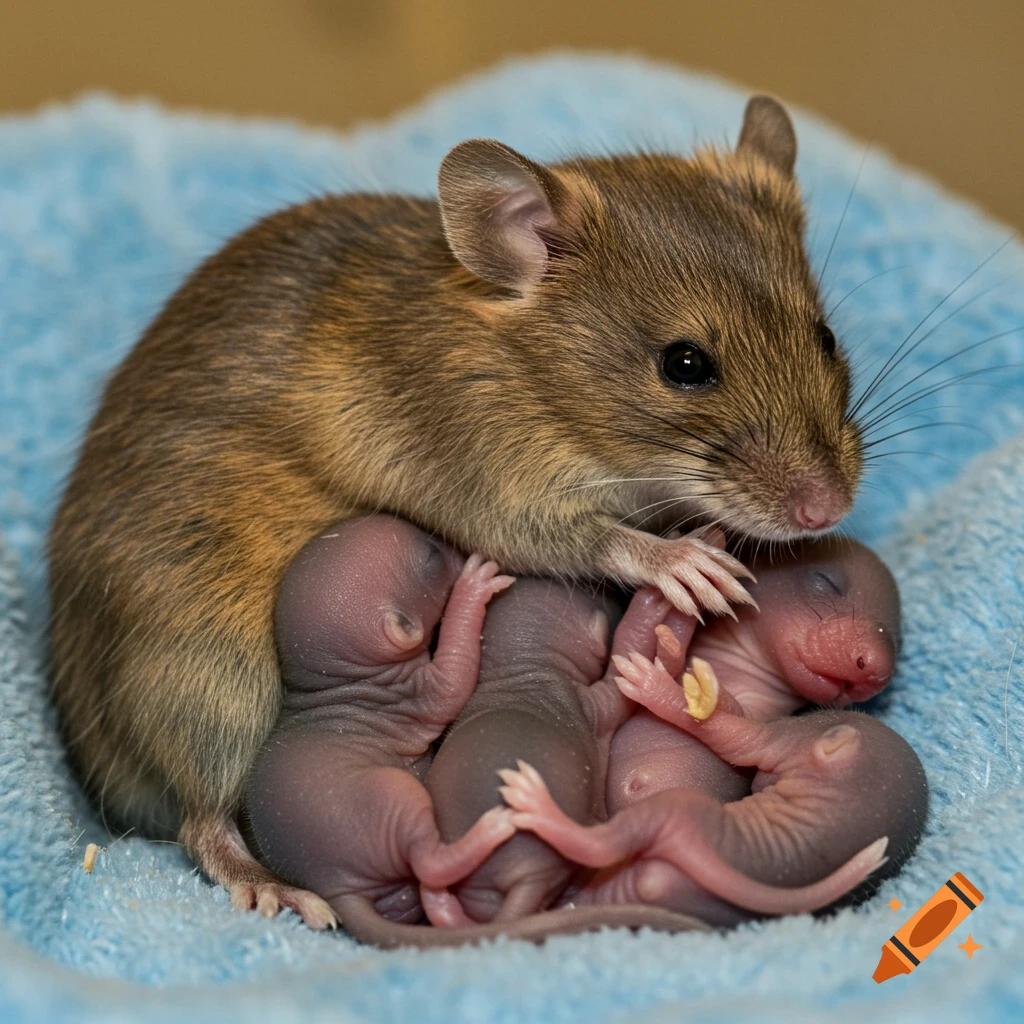 Brown mother mouse cradling her babies in a cozy setting. on Craiyon