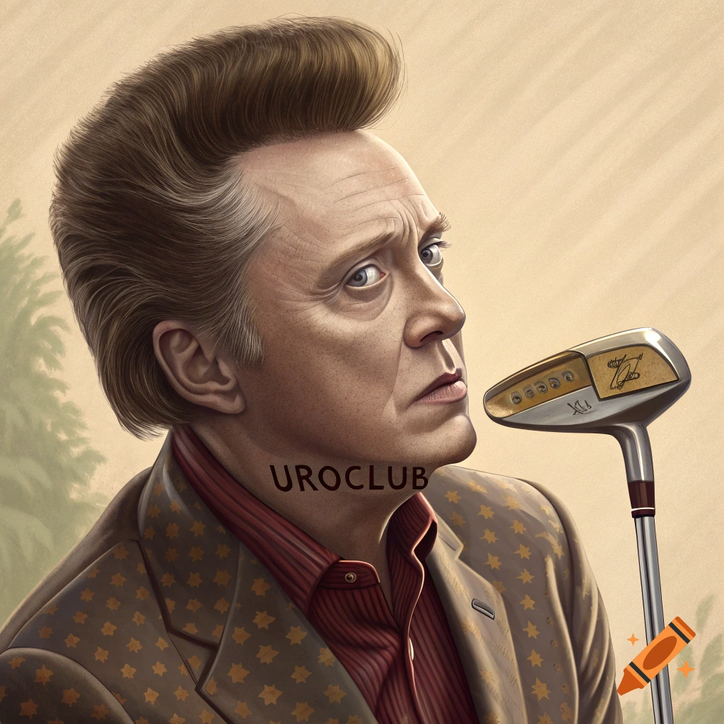 Christopher Walken with pompadour using a uroclub urine golf club on ...