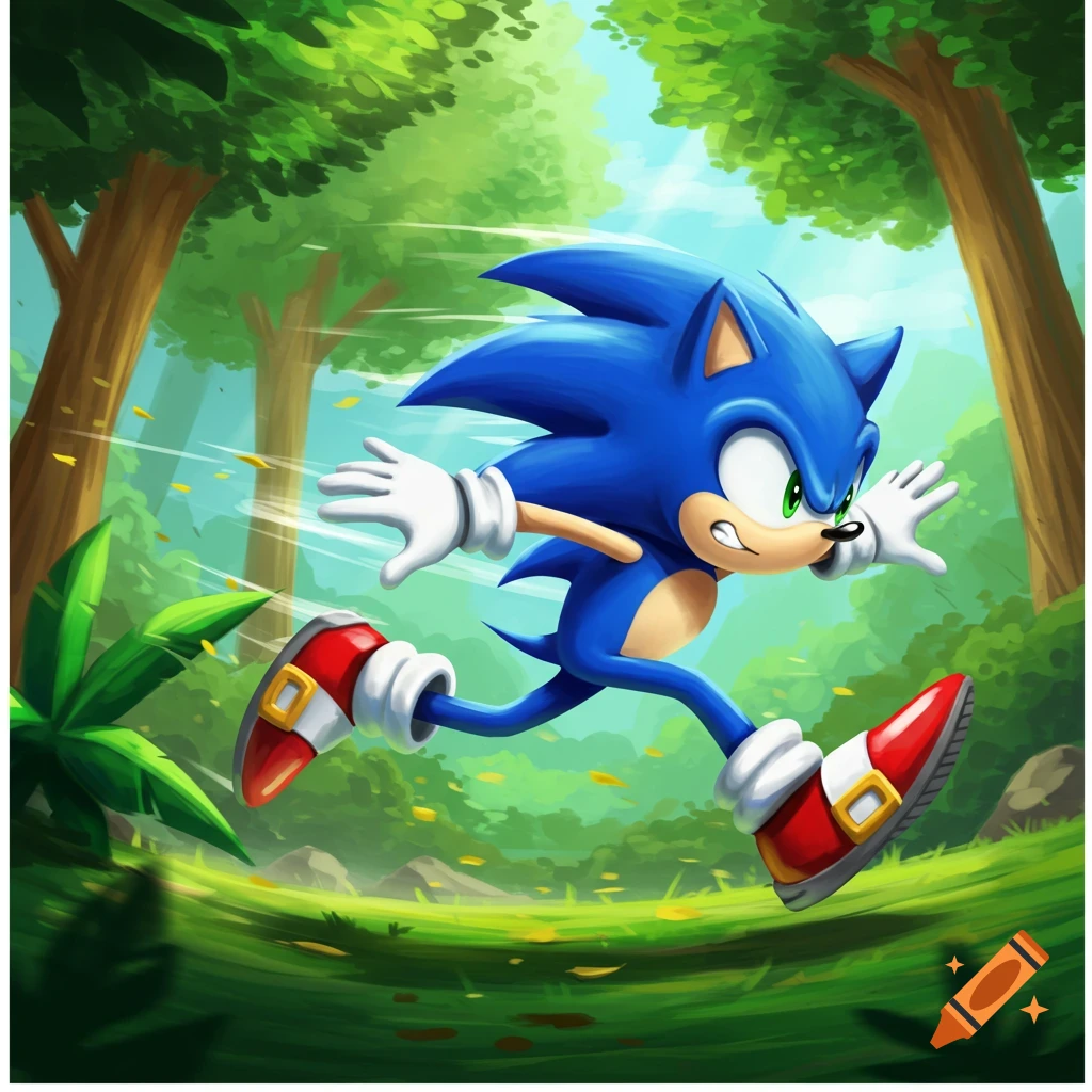 Sonic the Hedgehog runs through a vibrant green forest illustration on ...