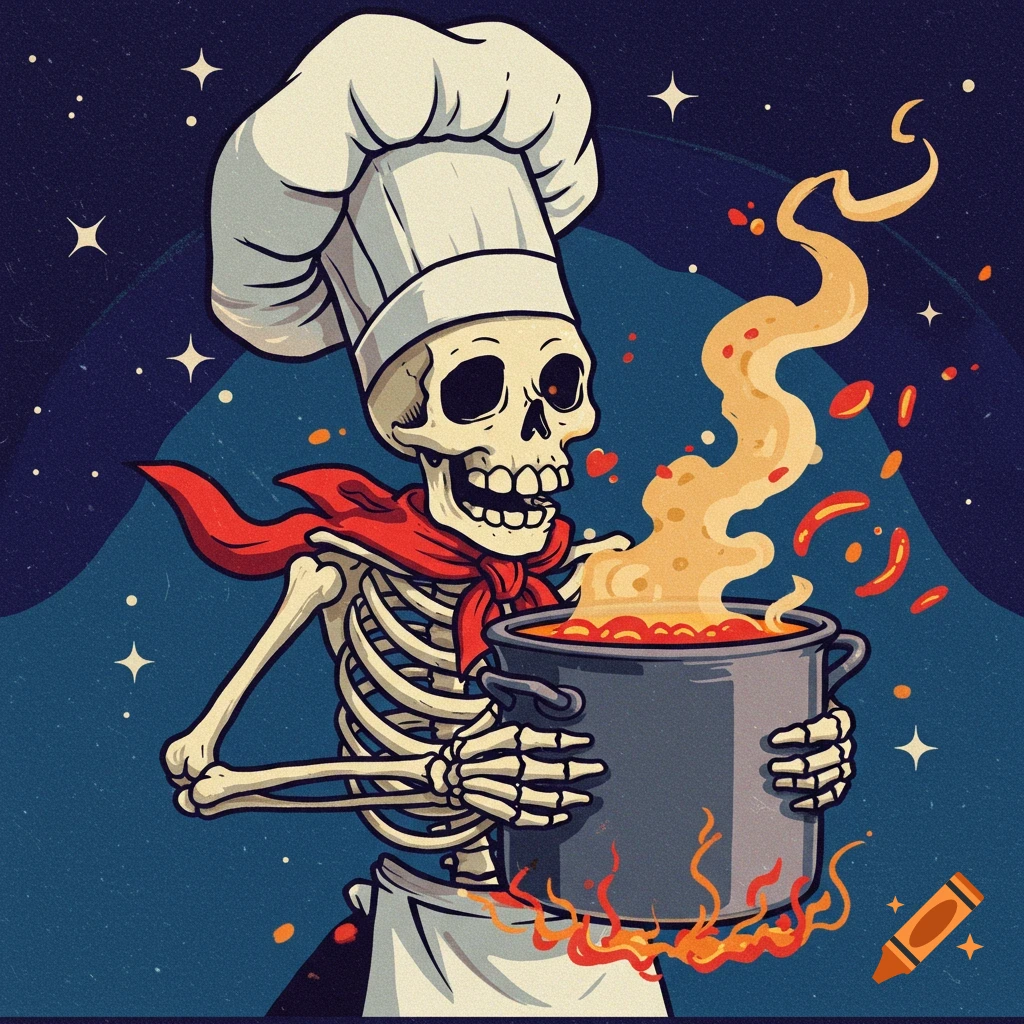 Cartoon skeleton chef holding a pot of steaming food under a starry sky ...