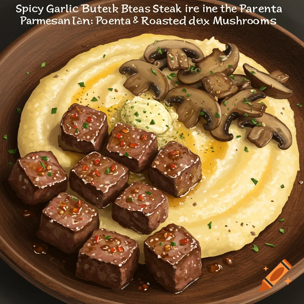 Medium rare sliced ribeye steak and grits on Craiyon