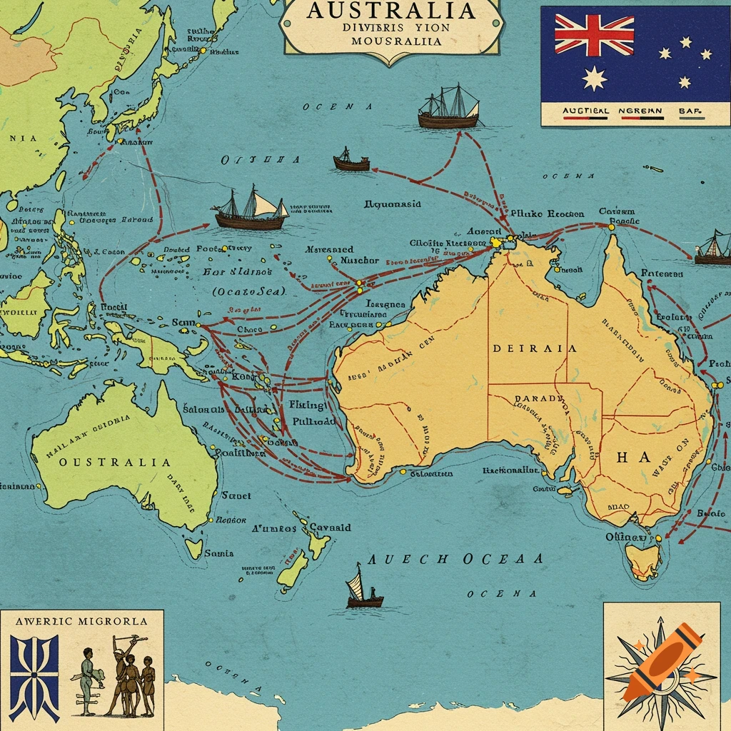 Map of migration routes to Australia on Craiyon