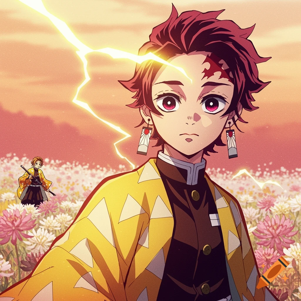 Anime character with lightning strikes over a flower field at sunset ...