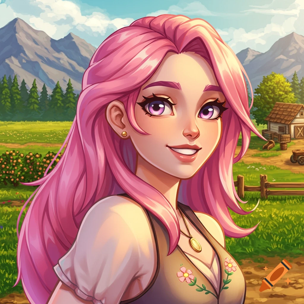 Stardew Valley female farmer with pink hair and phoenix on Craiyon