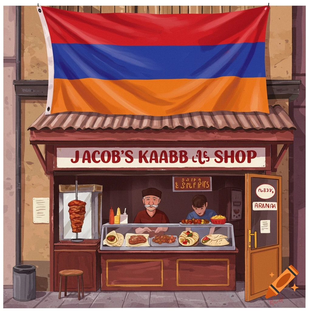 Kebab shop with Armenian flag and "Jacobs Kabob Shop" sign on Craiyon