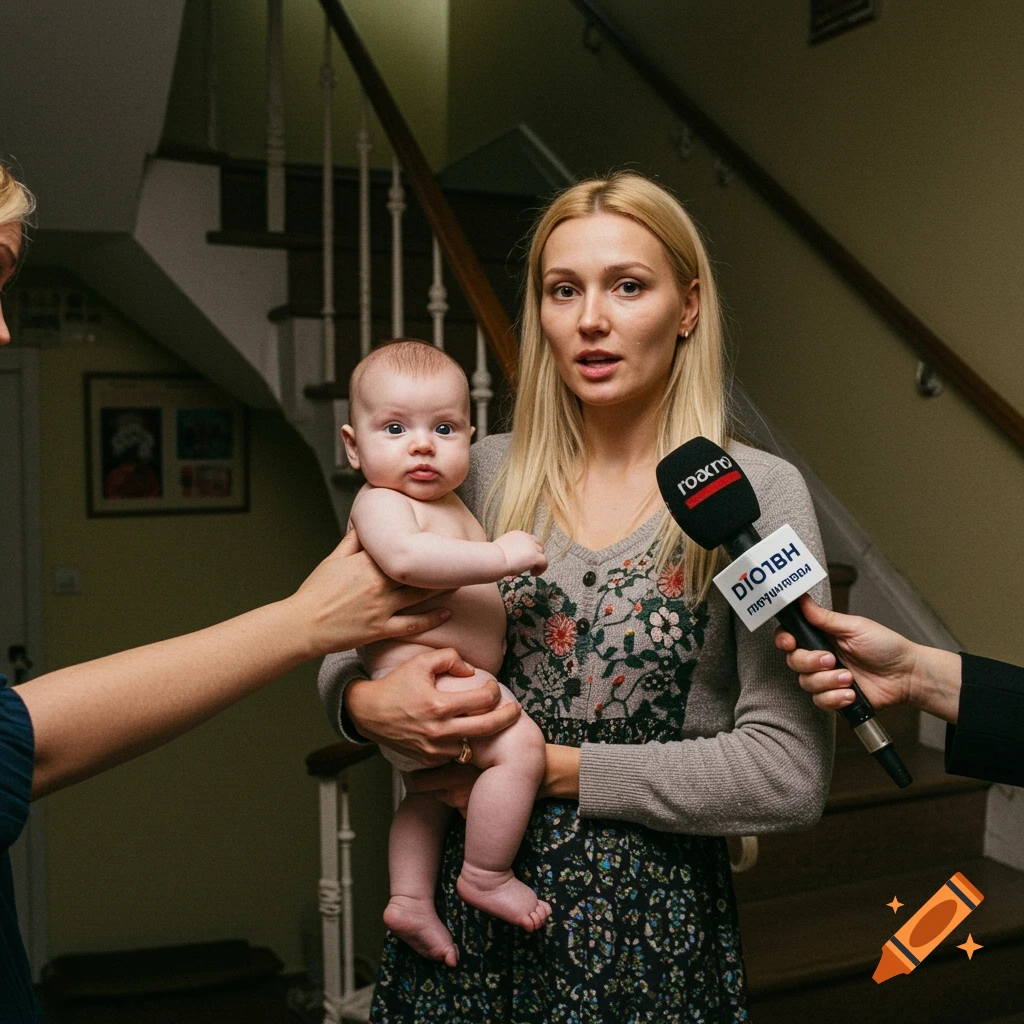 Russian woman holding baby in Soviet apartment during interview on Craiyon