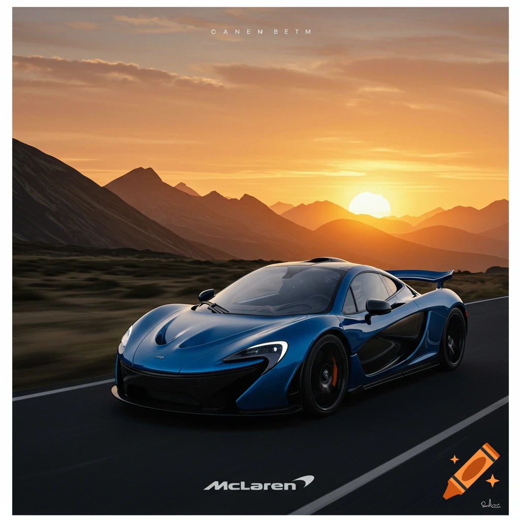 Blue McLaren P1 drives on a road at sunset with mountains in the ...