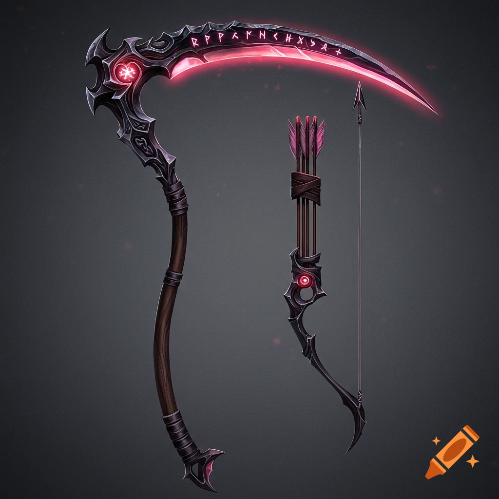 Scythe weapon folding into bow and arrows on Craiyon