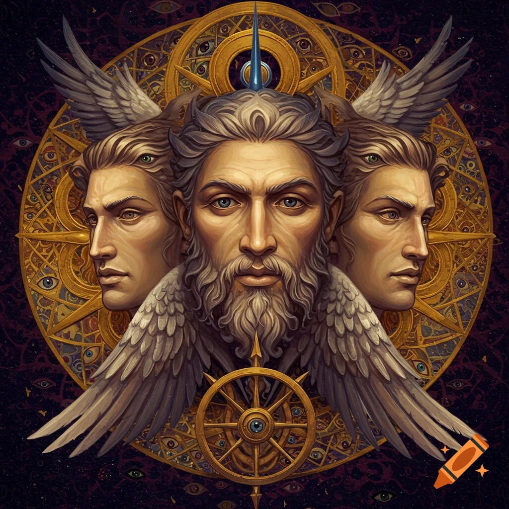 Four faces: cherub, man, lion, eagle, covered in eyes on Craiyon