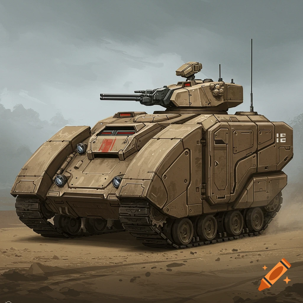 Futuristic infantry fighting vehicle with energy weapons and curved ...