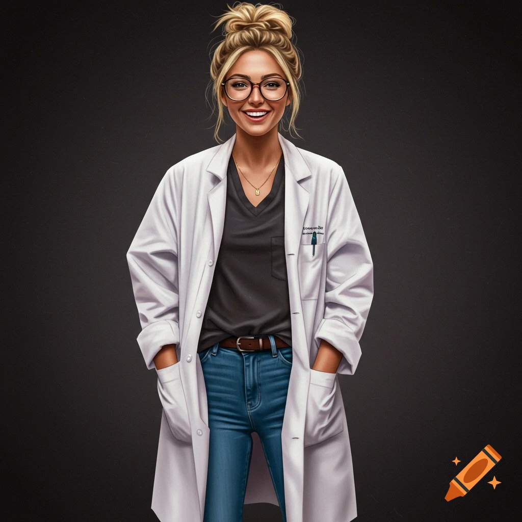 Woman in lab coat with messy bun and glasses on Craiyon