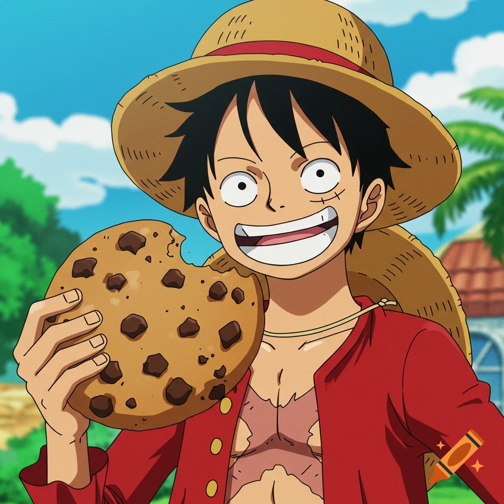 Anime style image of girl Luffy from One Piece happily eating a large ...