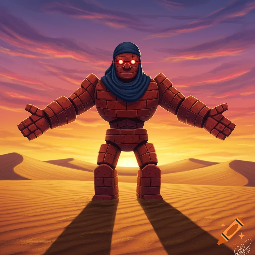 A red brick golem with glowing eyes stands in a desert at sunset. on ...