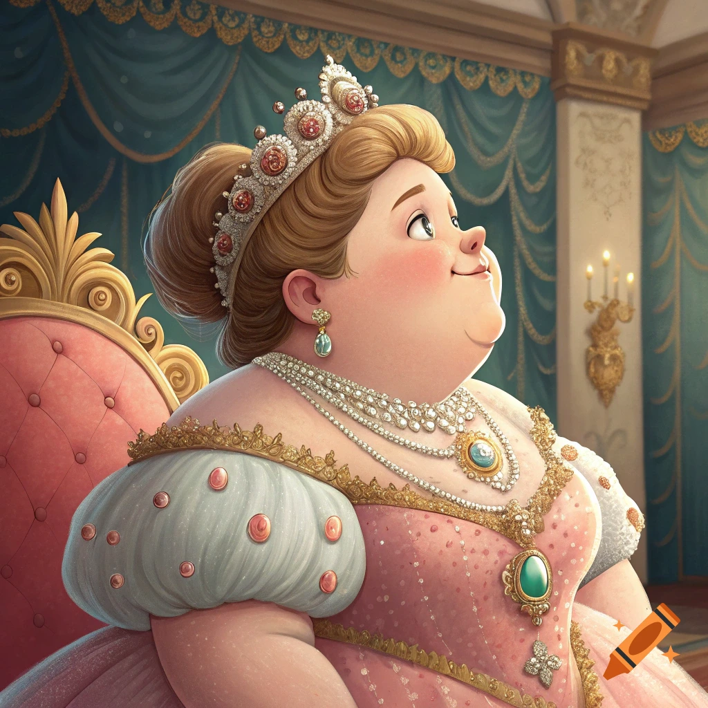 Cartoon princess in a pink dress and crown sitting on a throne on Craiyon