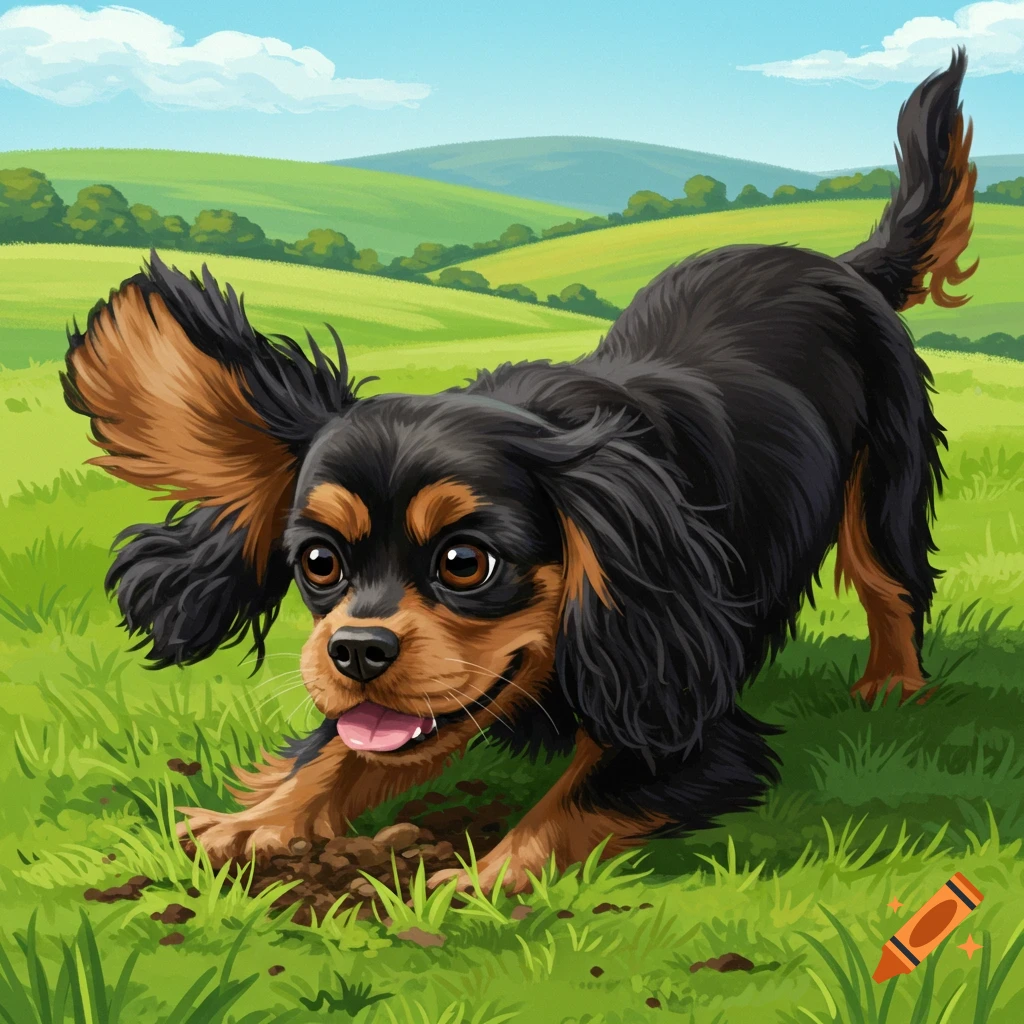 Black and tan Cavalier King Charles Spaniel digging in grass with green ...