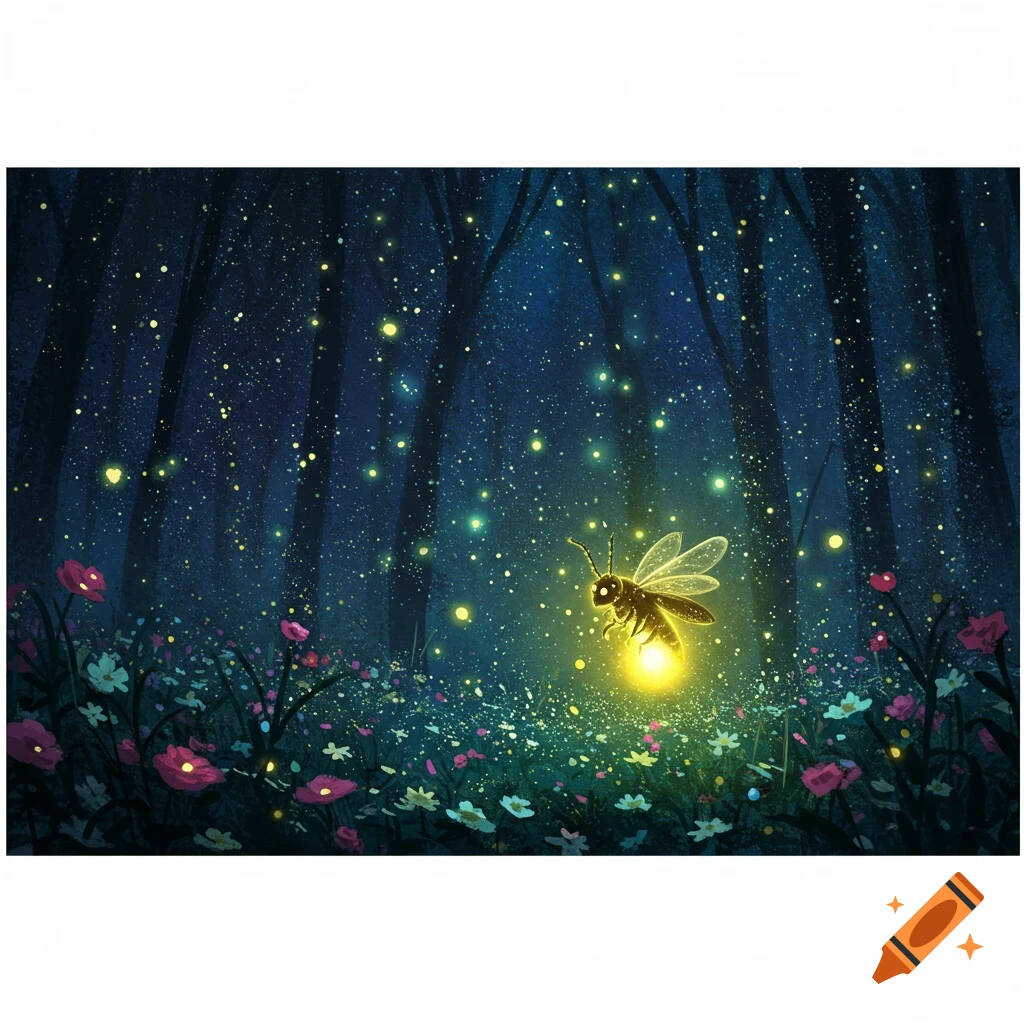 A glowing firefly in a magical forest clearing filled with twinkling ...