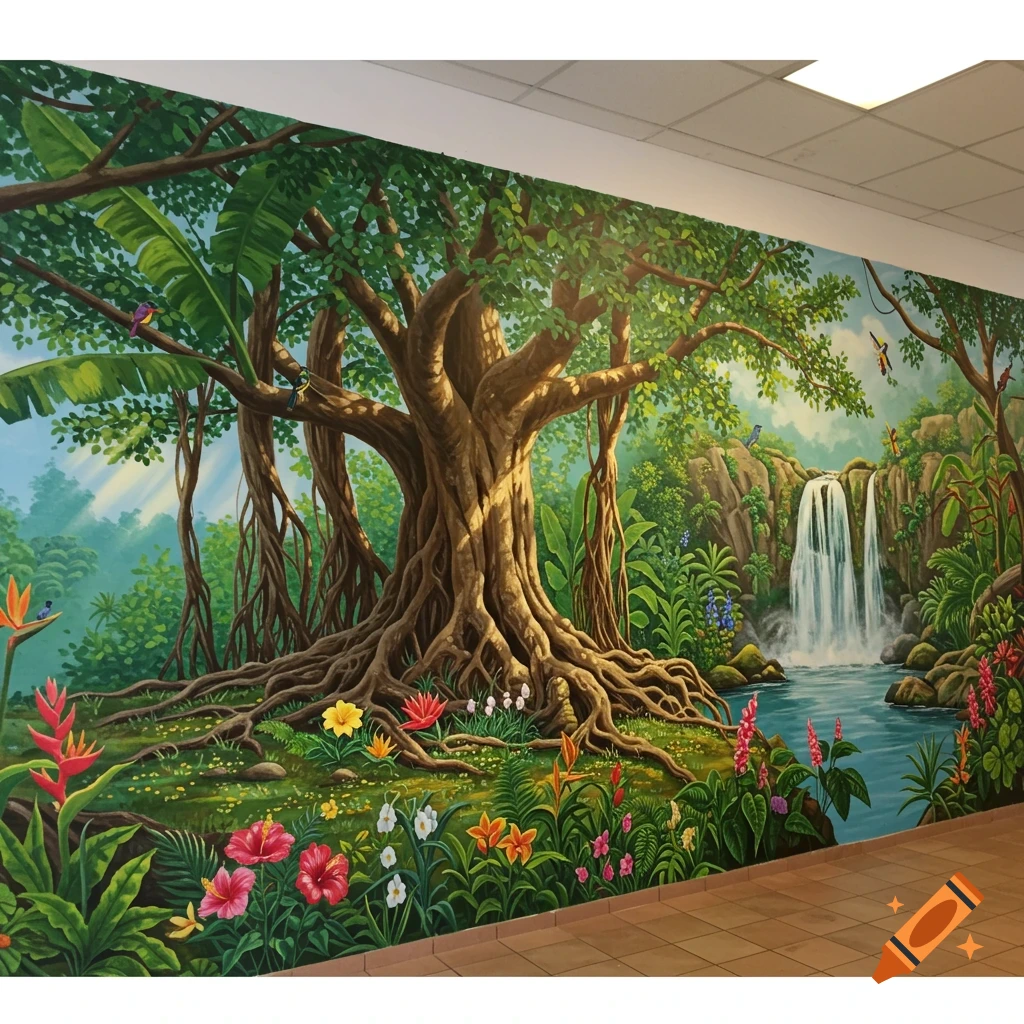 Nature-themed mural with a banyan tree and waterfalls on Craiyon