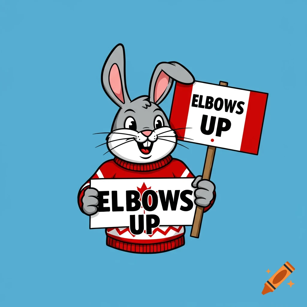 Easter bunny wearing a Canada sweater holding an 'elbows up' sign on ...