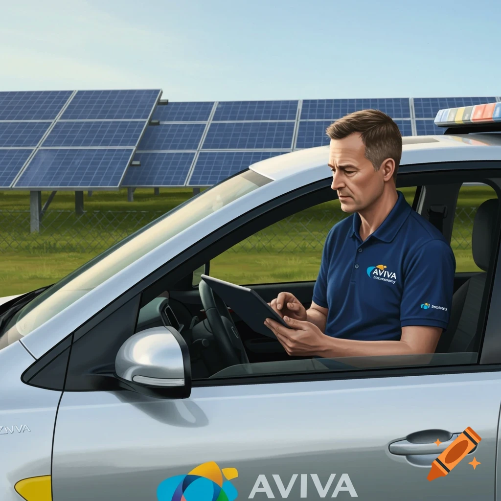 AVIVA engineer inspecting solar panels from electric car on Craiyon